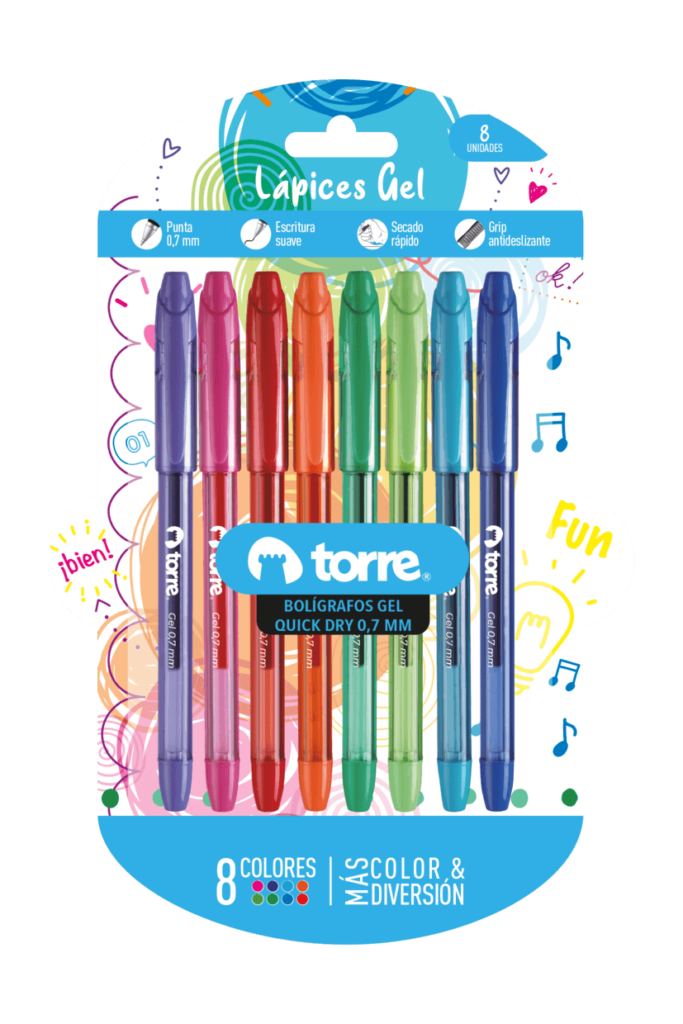 Blister 8 Boligrafo Gel Quick Dry 0,7mm Colores Fun | Torre